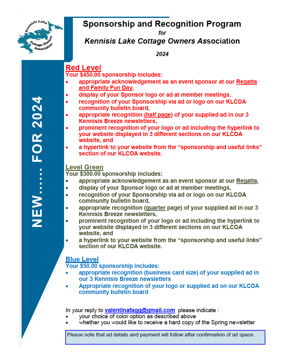 Kennisis Lake Cottage Owners' Association | 2024 Newsletter Sponsorship ...